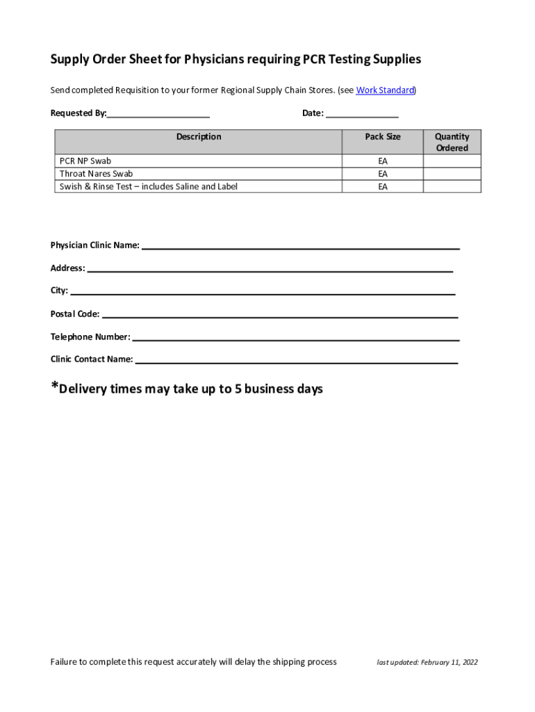 Fillable Online Supply Order Sheet - PCR Testing Supplies Fax Email ...