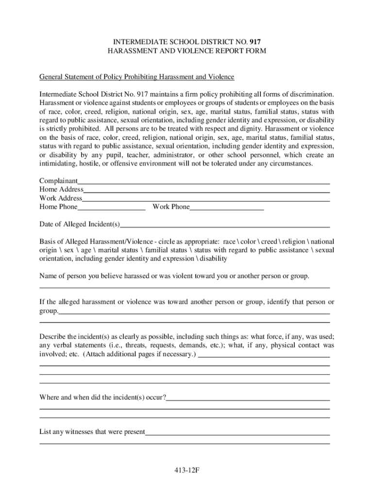 Fillable Online 413 Harassment and Violence, Form. ... Fax Email Print ...