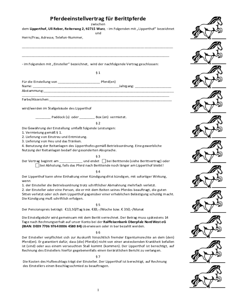 Ausfüllbar Online Pferdeeinstellvertrag fr Berittpferde Fax Email Drucken - pdfFiller