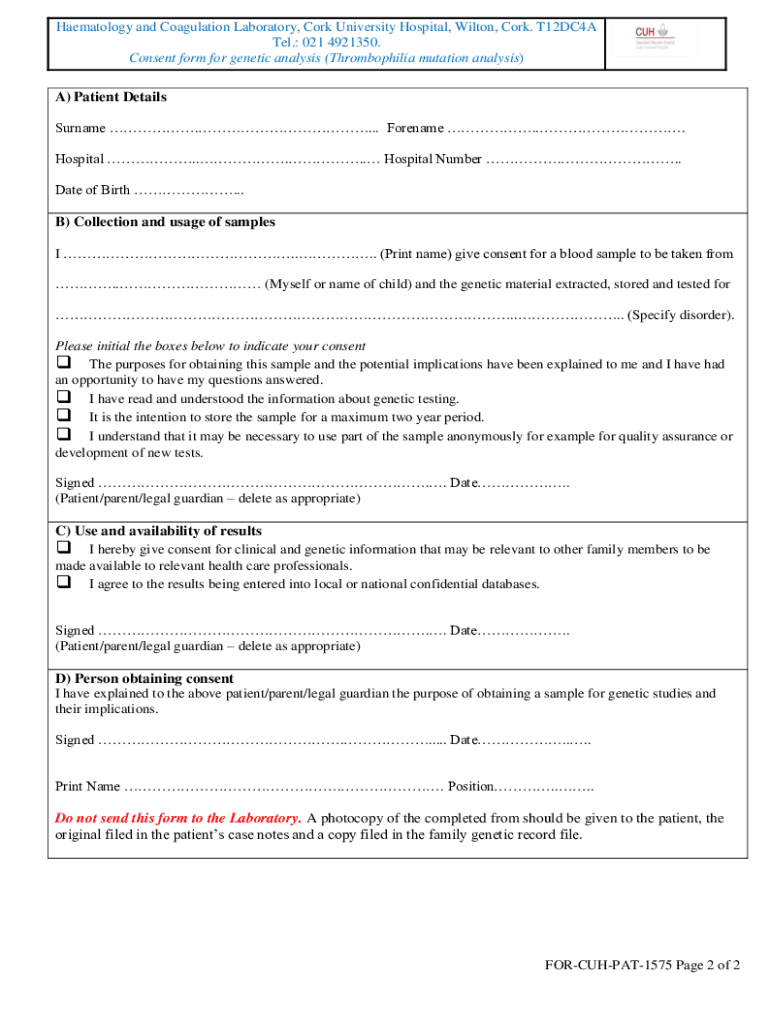 Fillable Online cuh hse Thrombophilia Screen Request Form - Cork ...