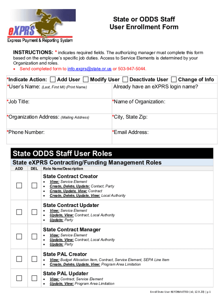 Fillable Online apps state or State or ODDS Staff User Enrollment Form ...