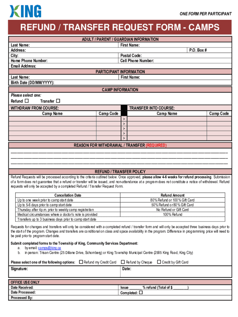 Fillable Online Refund / Transfer request form - camps Fax Email Print - pdfFiller