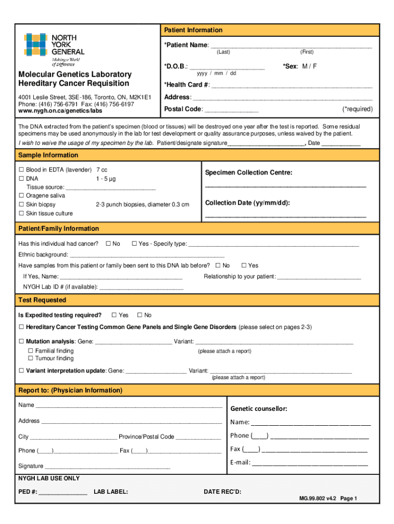Fillable Online Molecular Genetics Laboratory Hereditary Cancer ... Fax ...