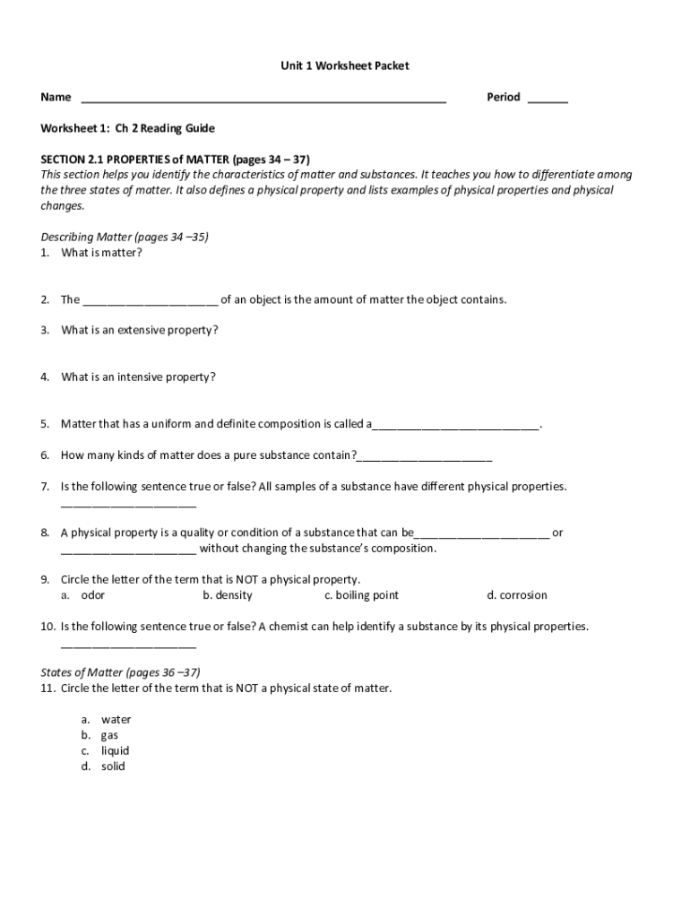 Fillable Online Unit 1 Worksheet Packet Name Period Worksheet 1 Fax ...