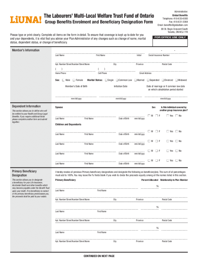 Fillable Online Pension Benefits Enrolment and Beneficiary Designation ...
