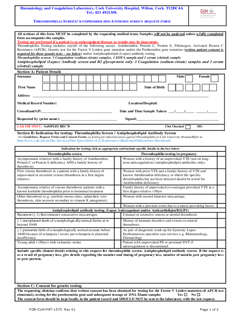 Fillable Online cuh hse cuh-thrombophilia-screen-request-form. ... Fax ...