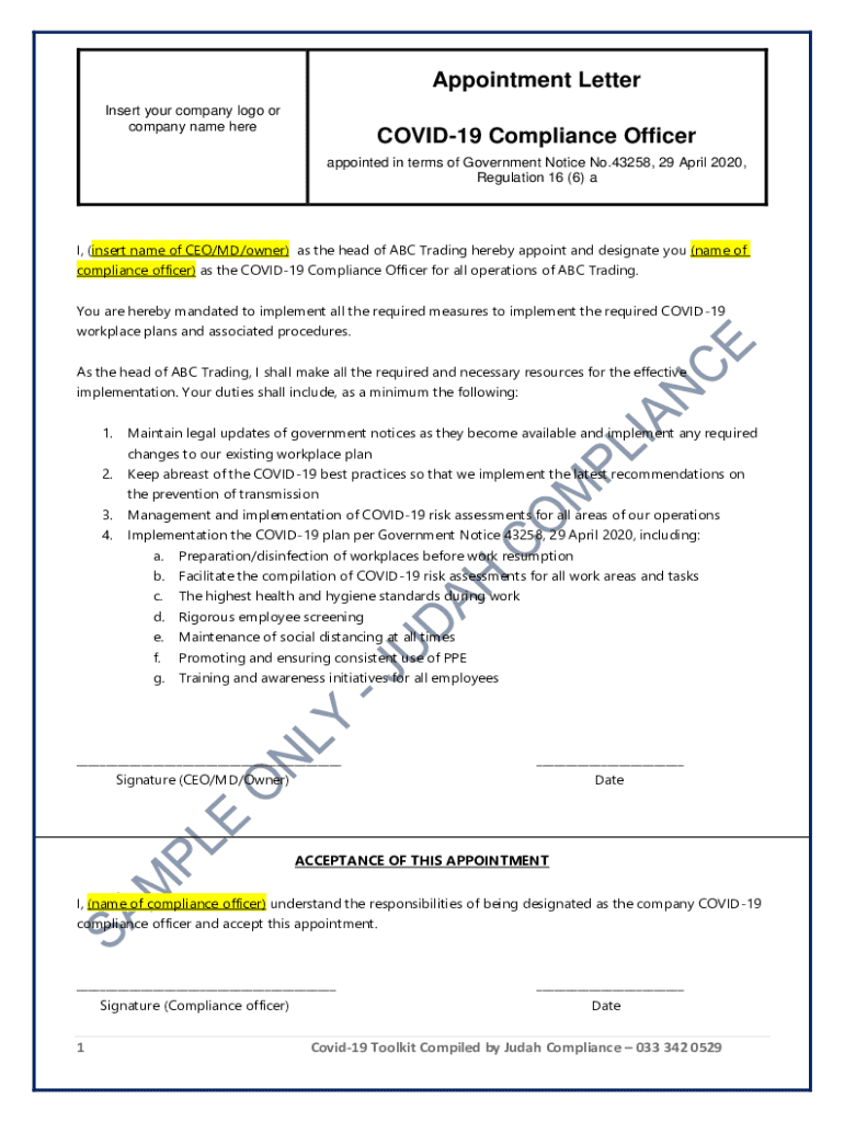 Fillable Online Letter-of-Appointment-Compliance-Officer-. ... Fax ...