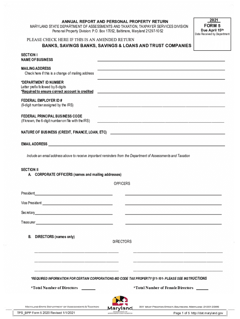 Fillable Online dat state md Annual Report and Personal Property Return - Form 5 2021. Annual ...