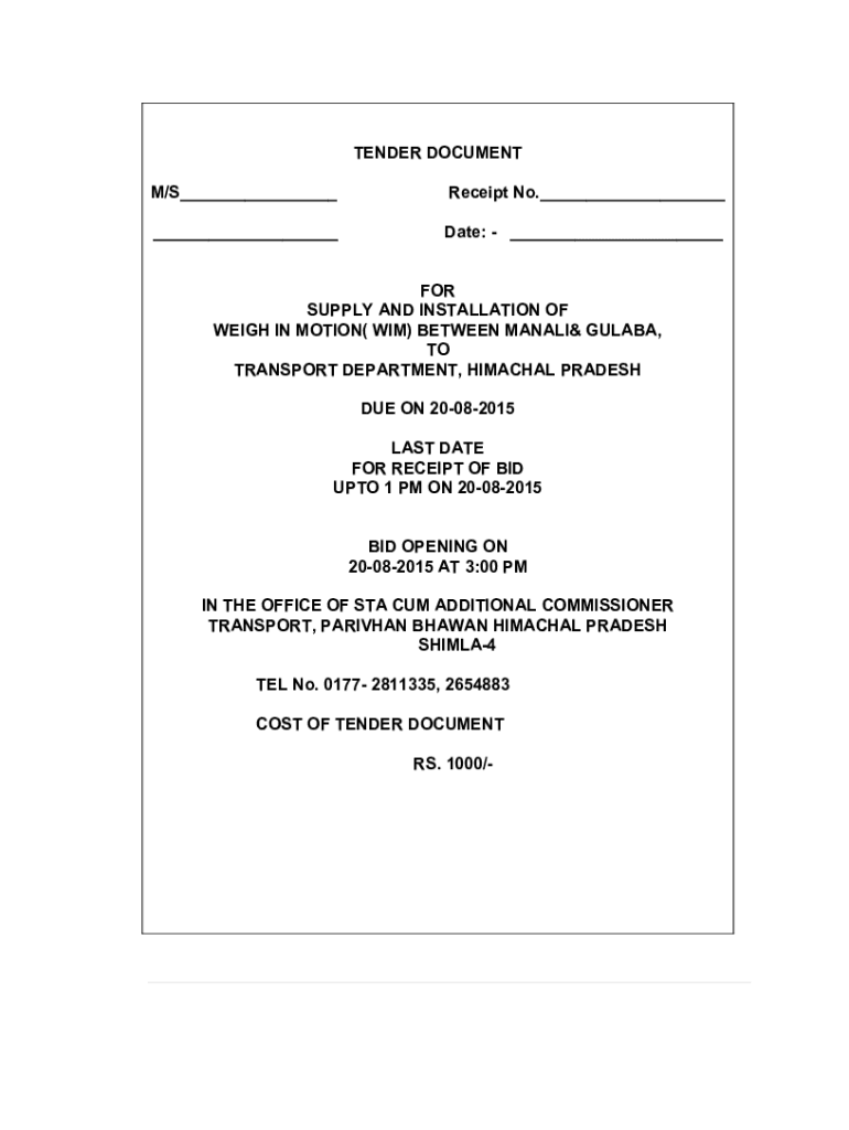 Fillable Online himachal nic TENDER DOCUMENT M/S Receipt No. Date: - - Studylib Fax Email Print ...