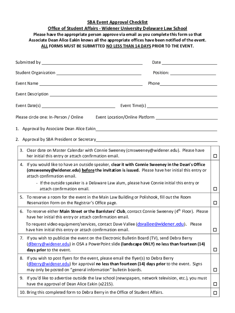 Fillable Online delawarelaw widener SBA Event Approval Checklist Office ...