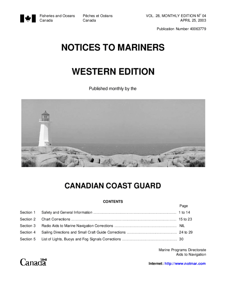 Fillable Online publications gc Notices to mariners. Monthly western ...