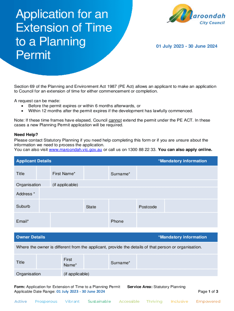 Fillable Online Application for Extension of Time to a Planning Permit ...
