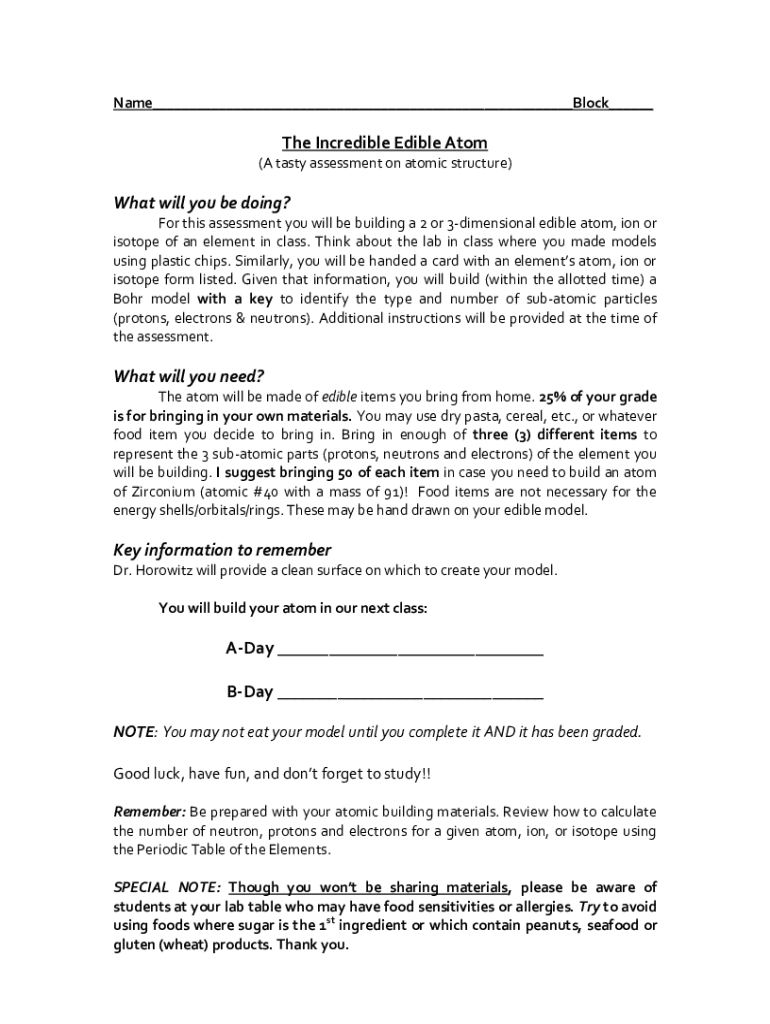 Fillable Online Chemistry for Kids: Edible Atom Models Science Experiment Fax Email Print ...