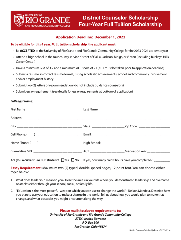 Fillable Online District Counselor Scholarship Four-Year Full Tuition ... Fax Email Print ...