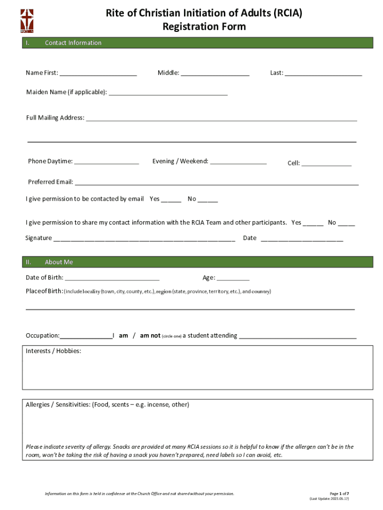 Fillable Online Period 00 - Participant Registration 03 - RCIA Form Fax ...