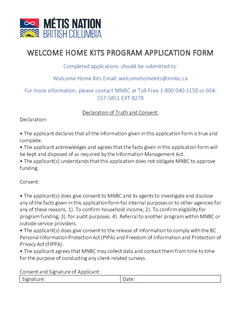Fillable Online WELCOME HOME KITS PROGRAM APPLICATION FORM Fax Email ...