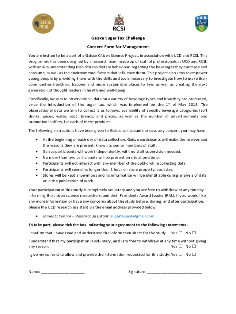 Fillable Online Gaisce Sugar Tax Challenge Consent Form for Management ...