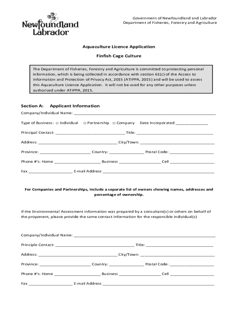 Fillable Online Aquaculture Licence Application Finfish Cage Culture ... Fax Email Print - pdfFiller