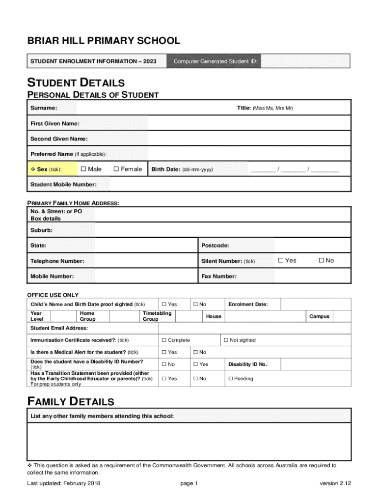 Fillable Online Student Enrolment Form - Briar Hill Primary School Fax ...