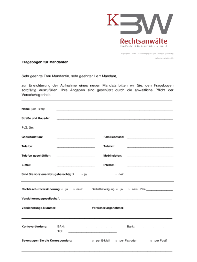 Ausfüllbar Online Fragebogen fr Mandanten - Kassel Fax Email Drucken - pdfFiller