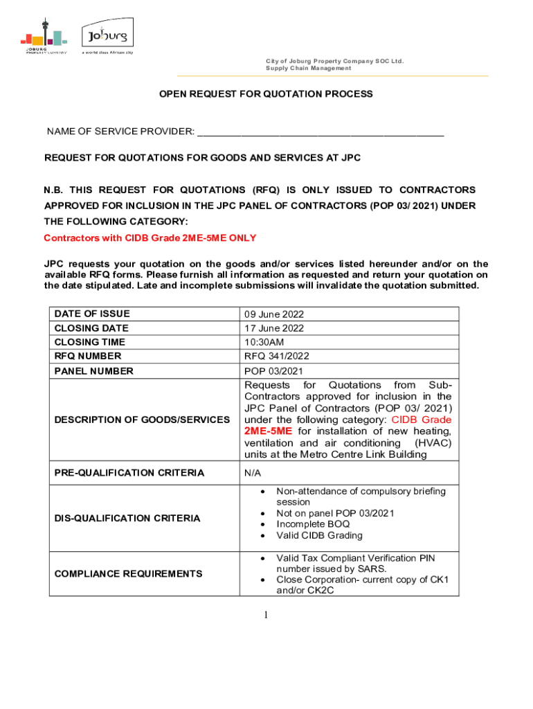 Fillable Online jhbproperty co THIS REQUEST FOR QUOTATIONS (RFQ) IS ...