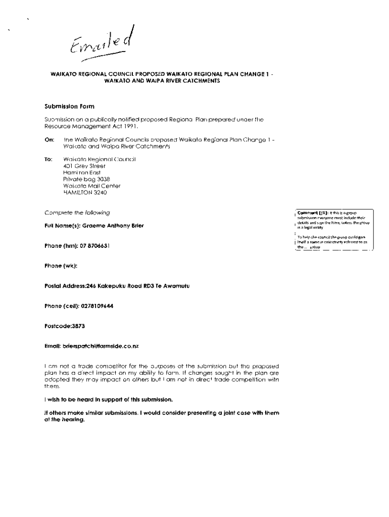 Fillable Online Submission-to-Proposed-Plan-Change-1-Graham-Pinnell. ... Fax Email Print - pdfFiller