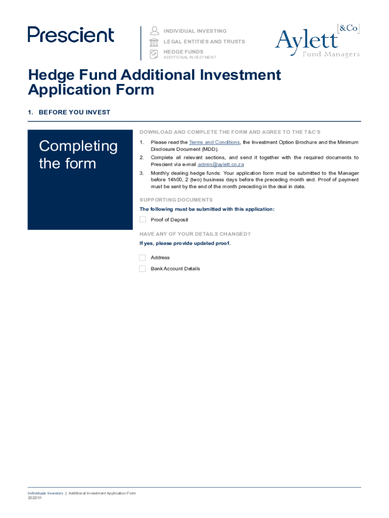 Fillable Online Hedge Fund Additional Investment Application Form Fax ...
