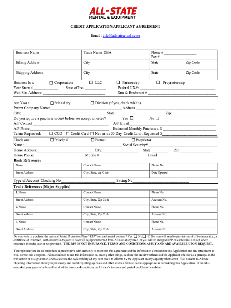 Fillable Online CREDIT APPLICATION/APPLICANT AGREEMENT Email : info ...