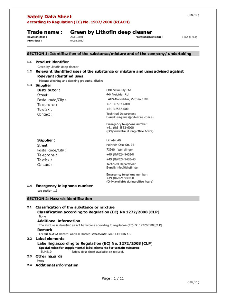 Fillable Online Safety Data Sheet: According To Regulation (EC) No ...