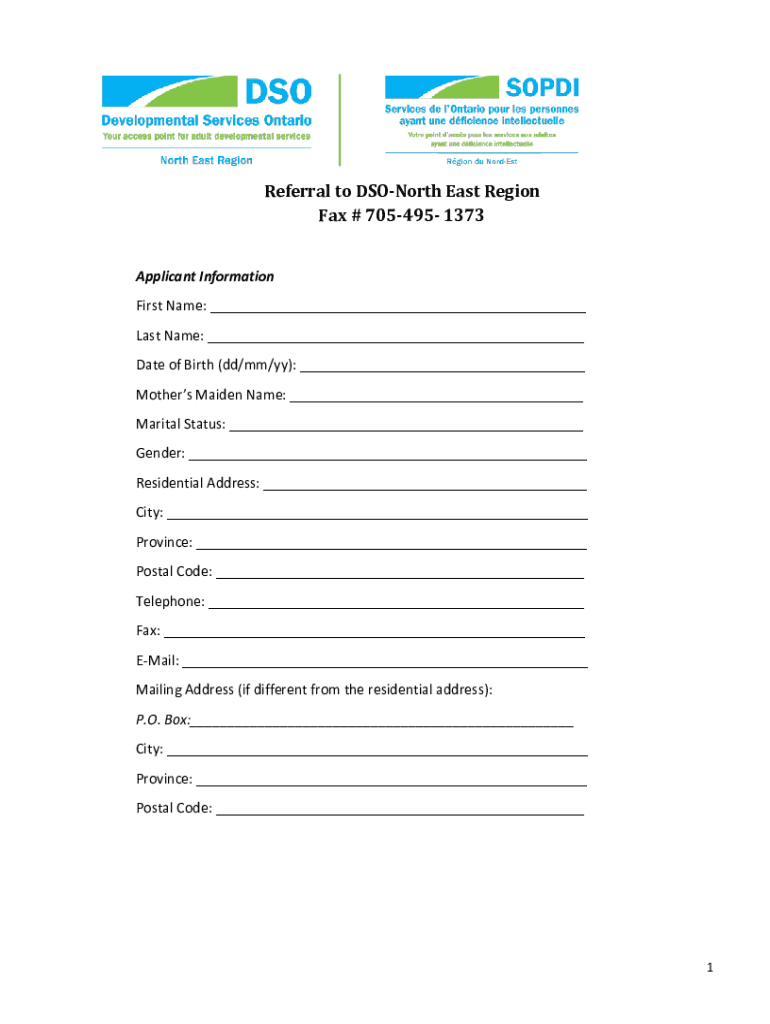 Fillable Online Referral to DSO-North East Region Fax # 705-495- 1373 ...