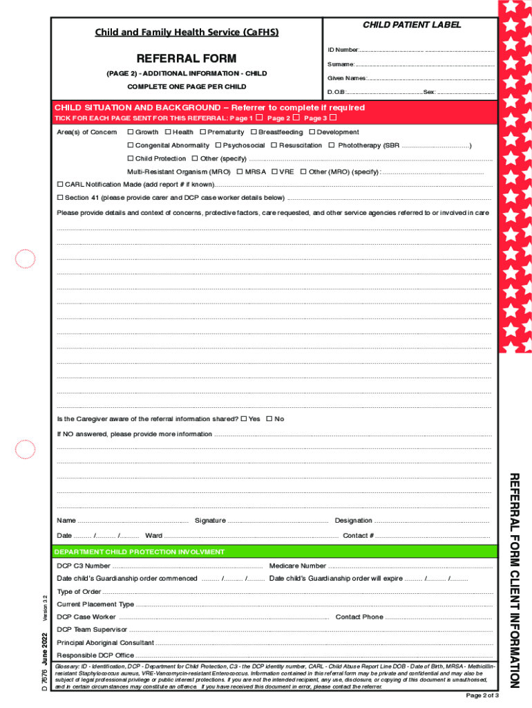 Fillable Online CaFHS Referral Form - Women's and Children's Health ...