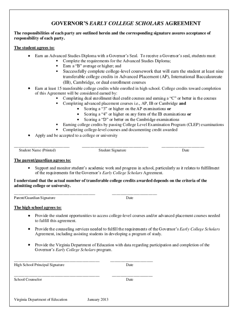 Fillable Online Governor's Early College Scholars Agreement Form Fax Email Print - pdfFiller