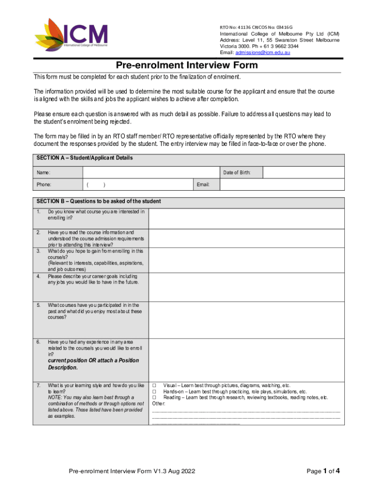 Fillable Online icm edu International College of Victoria RTO: 22581Melbourne VIC Fax Email ...