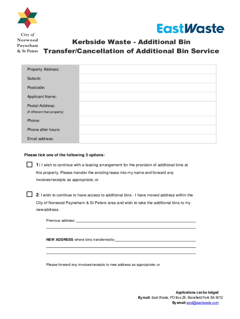 Fillable Online Transfer/Cancellation of Additional Bin Service Fax ...