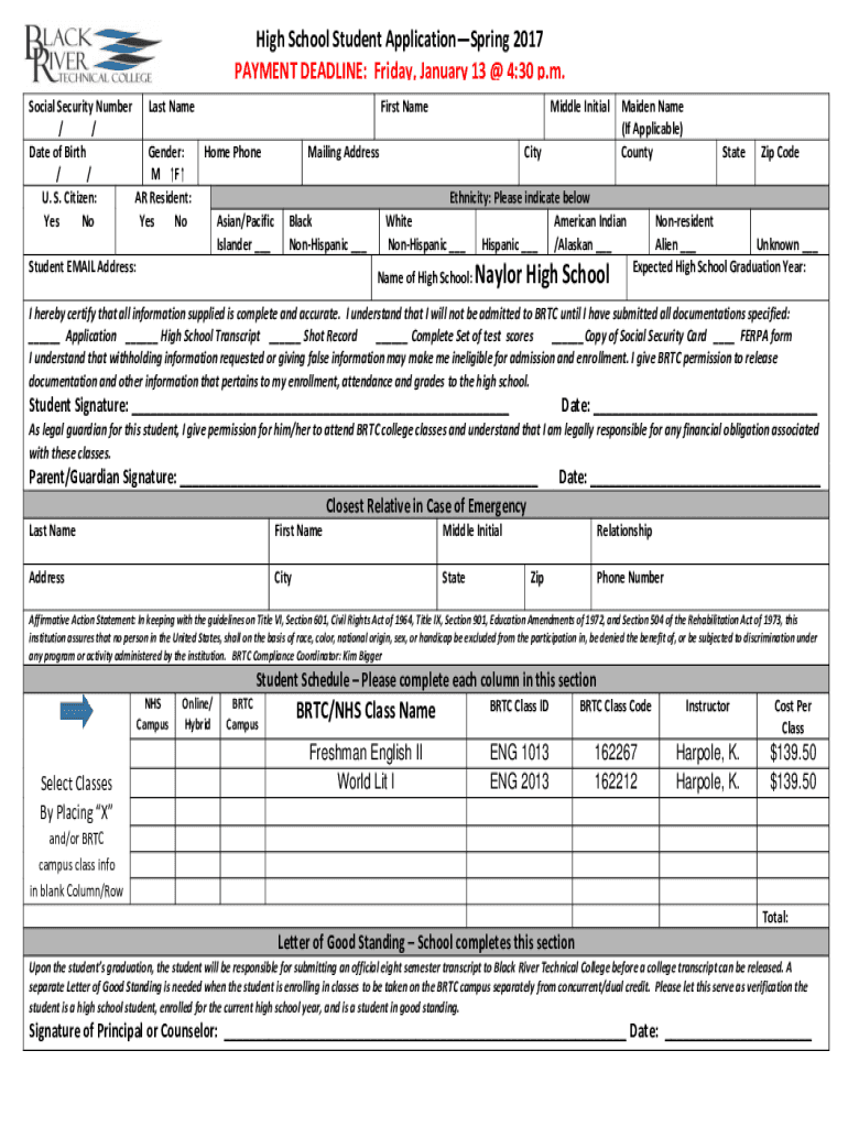 Fillable Online BRTC/CHS Class Name High School Student Application ... Fax Email Print - pdfFiller