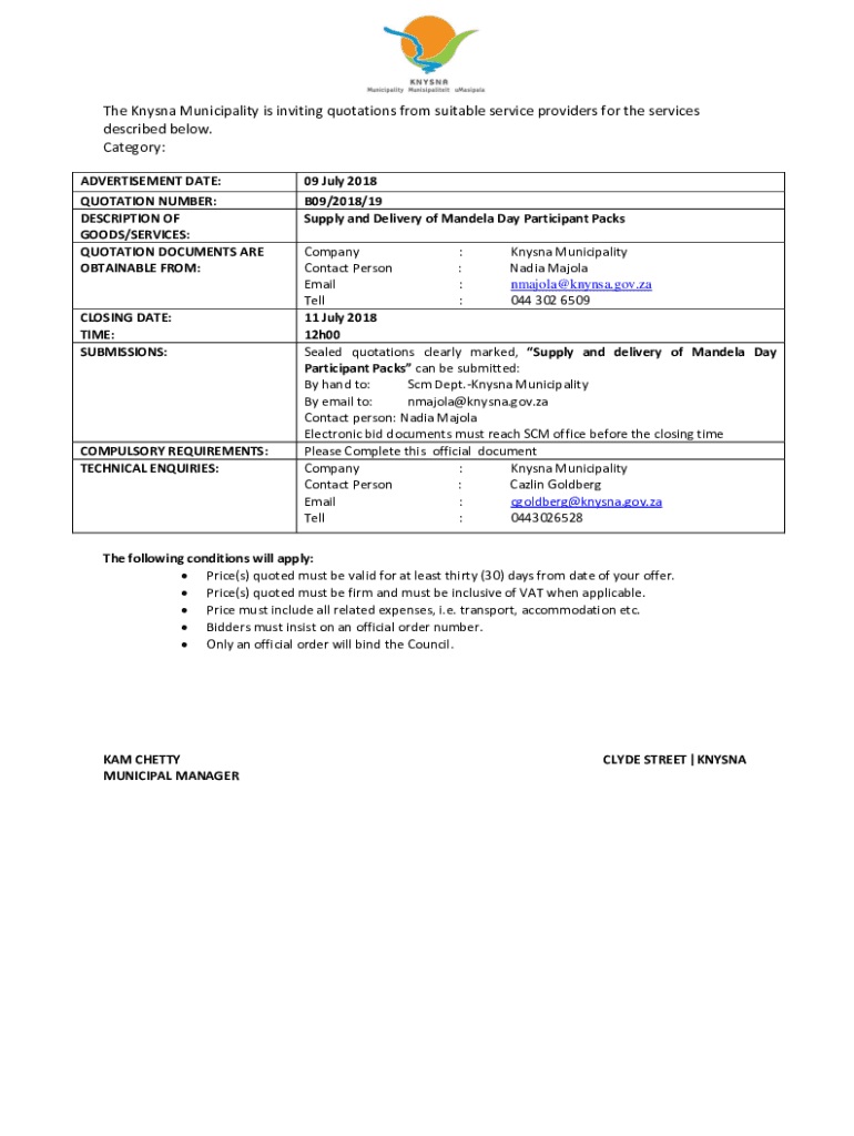 Fillable Online Supply and Delivery of Mandela Day Participant Packs Fax Email Print - pdfFiller