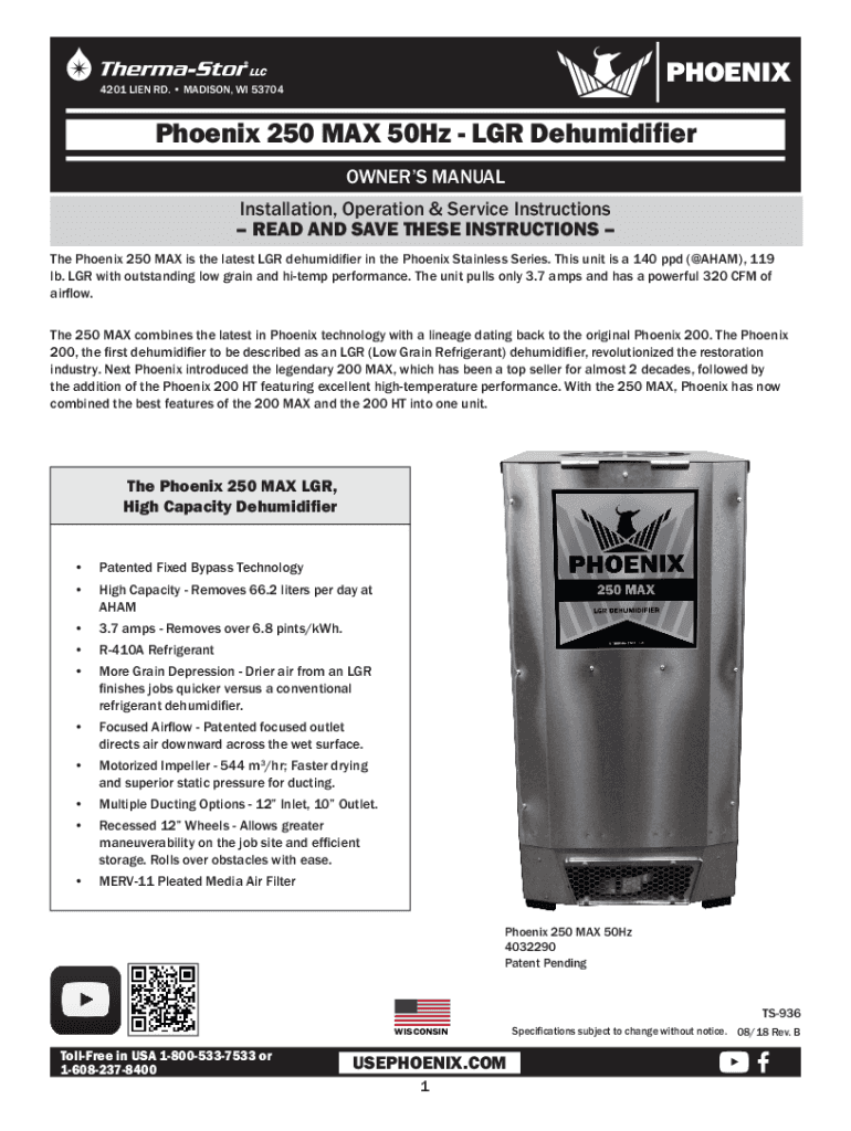 Fillable Online Phoenix 250 MAX 50Hz - LGR Dehumidifier - NLR Fax Email ...