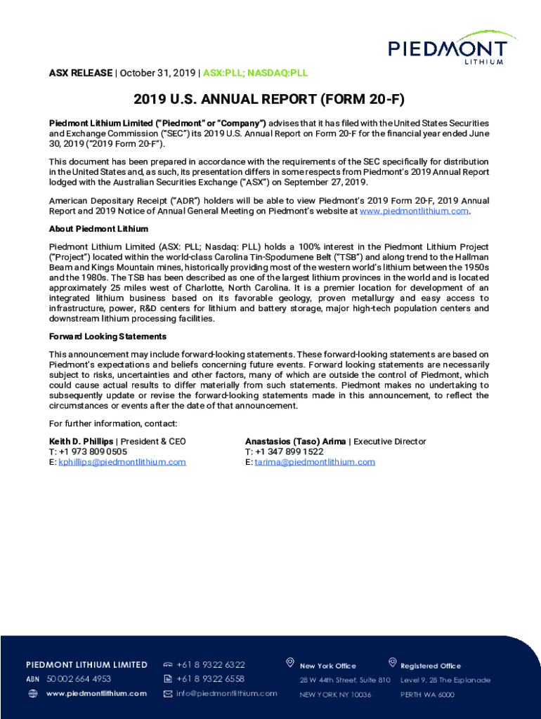 Fillable Online U.S. Annual Report (Form 20-F) - Piedmont Lithium ...