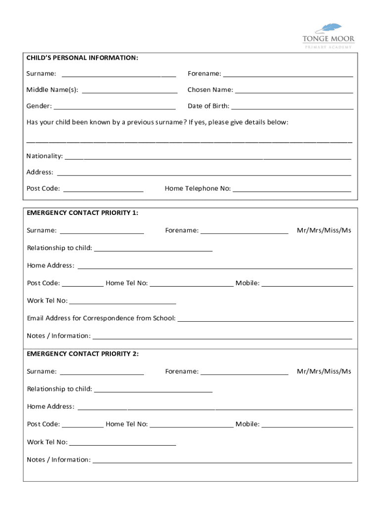 Fillable Online CHILD'S PERSONAL INFORMATION: Surname Fax Email Print ...