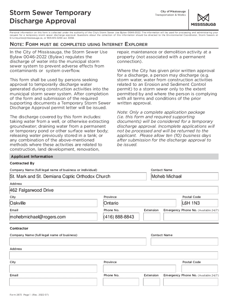 Fillable Online Storm Sewer Temporary Discharge Approval Form Fax Email ...