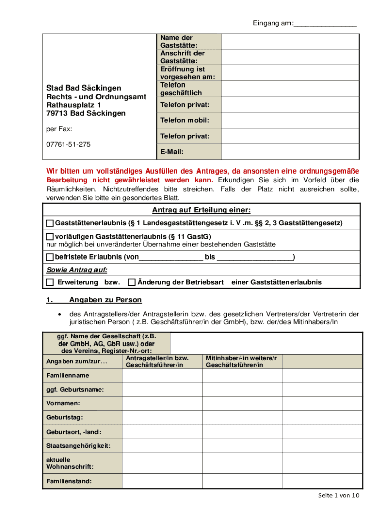 Ausfüllbar Online Antrag auf Erteilung einer: 1. Angaben zu Person Stad Bad ... Fax Email ...