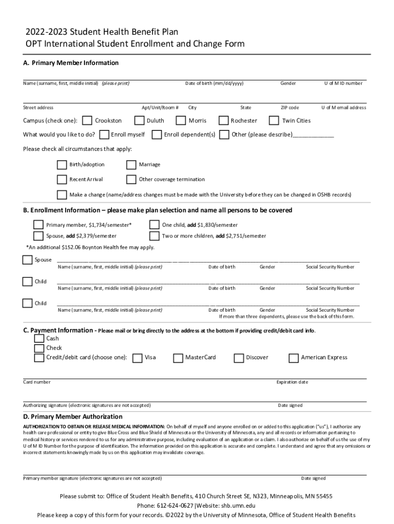 Fillable Online shb umn 2022-2023 Student Health Benefit Plan OPT ...