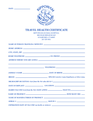 Fillable Online TRAVEL HEALTH CERTIFICATE Fax Email Print - pdfFiller