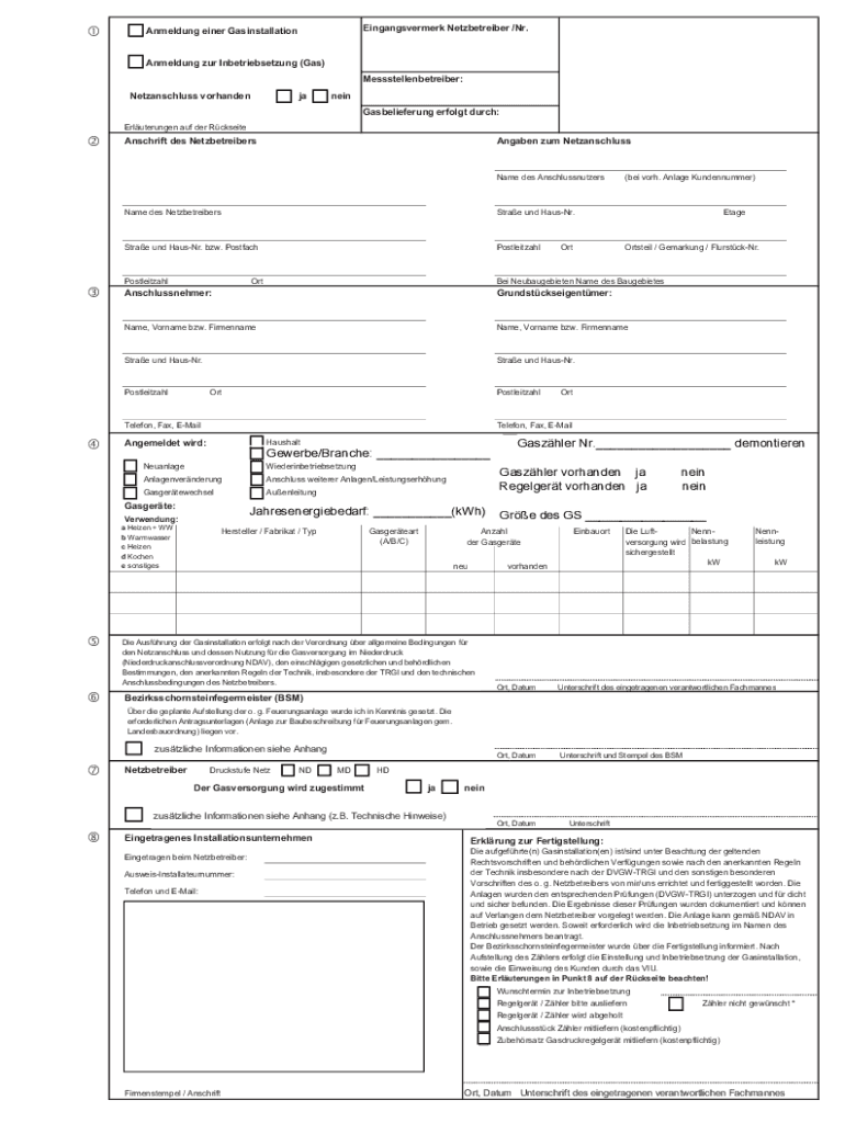 Ausfüllbar Online Anmeldung zur Inbetriebsetzung (Gas) Fax Email ...