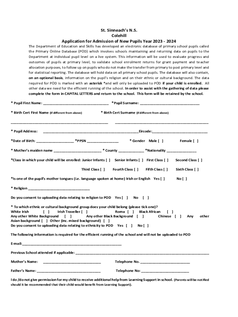 Fillable Online Admissions Notice - Colehill National School Fax Email ...
