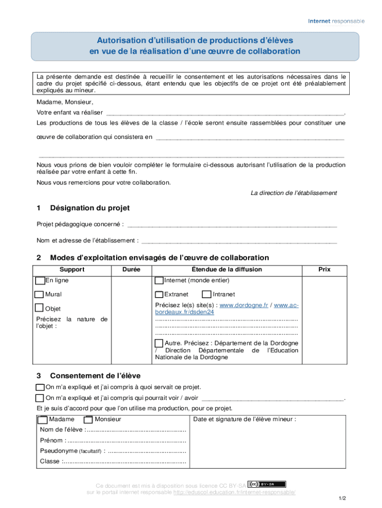 Remplissable En Ligne Autorisation d'utilisation de productions d'lves en vue de ... Fax Email ...