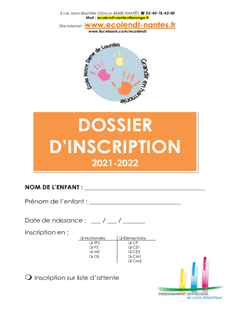 Remplissable En Ligne dossier d'inscription - Ecole Notre Dame de ...