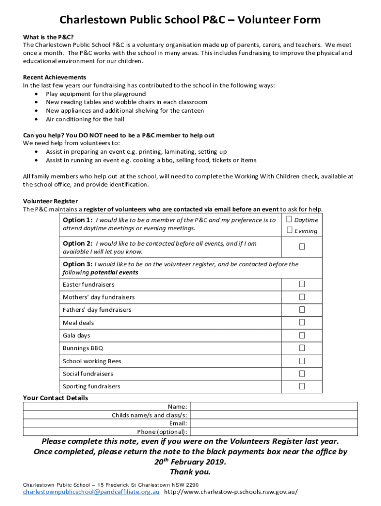 Fillable Online Charlestown Public School P&CVolunteer Form Fax Email ...