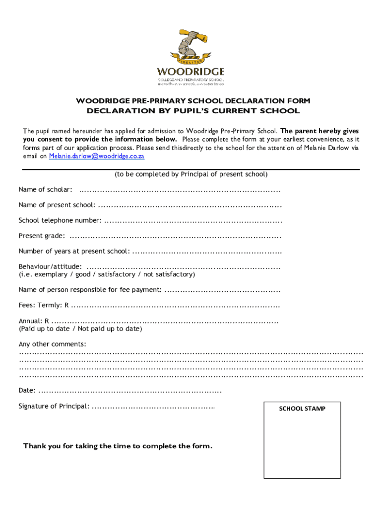 Fillable Online woodridge pre-primary school declaration form Fax Email ...