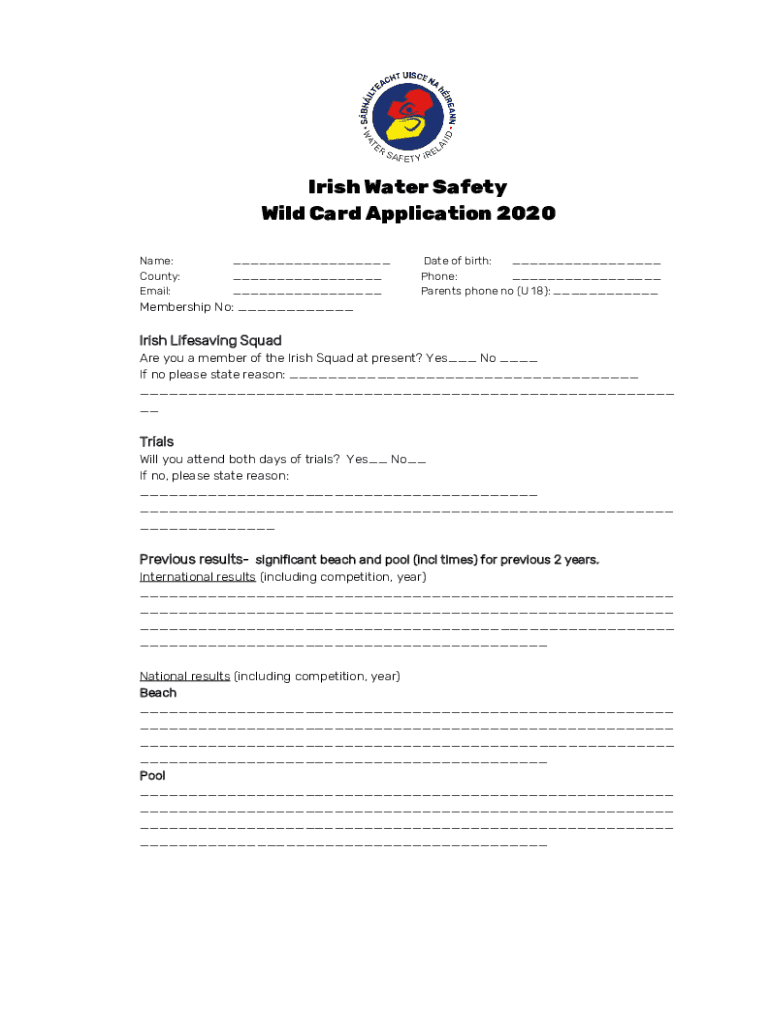 Fillable Online Irish Water Safety Wild Card Application 2020 Fax Email ...